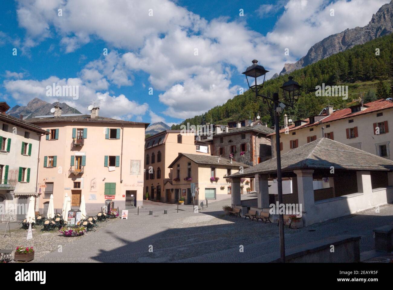 Market square and narrow streets in the medieval town of Bormio, in the ...