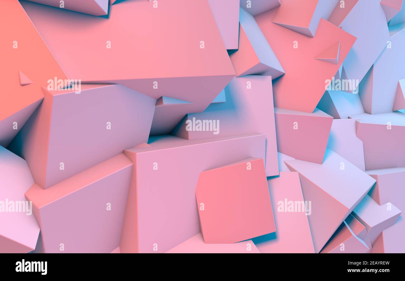 Abstract background with 3D shapes flying in pink and blue light as a ...