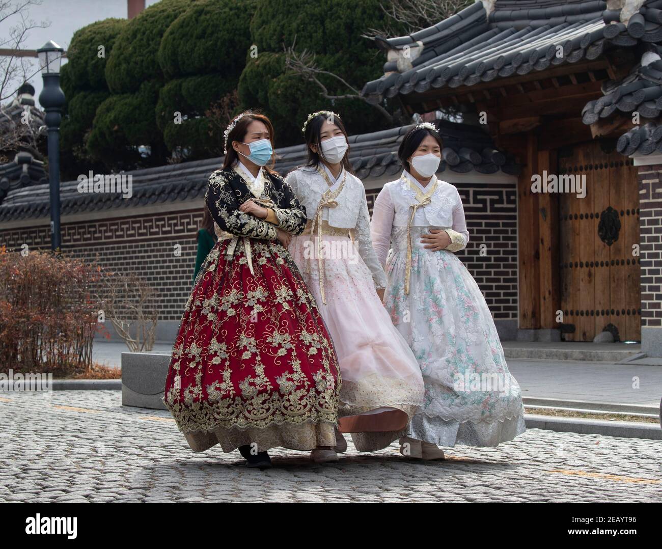 Jeonju, South Korea. 11th Feb, 2021. Tourists wearing Hanbok, the ...