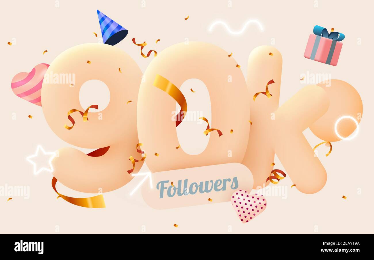 90k or 90000 followers thank you Pink heart, golden confetti and neon ...