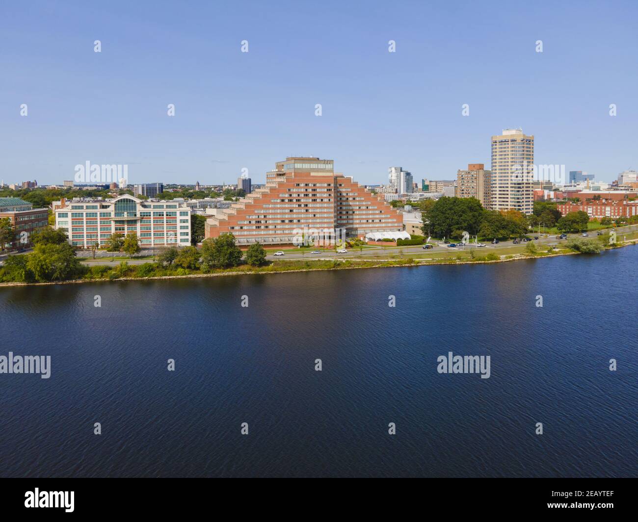 Pyramid shape Hyatt Regency Cambridge at Charles River in city of ...