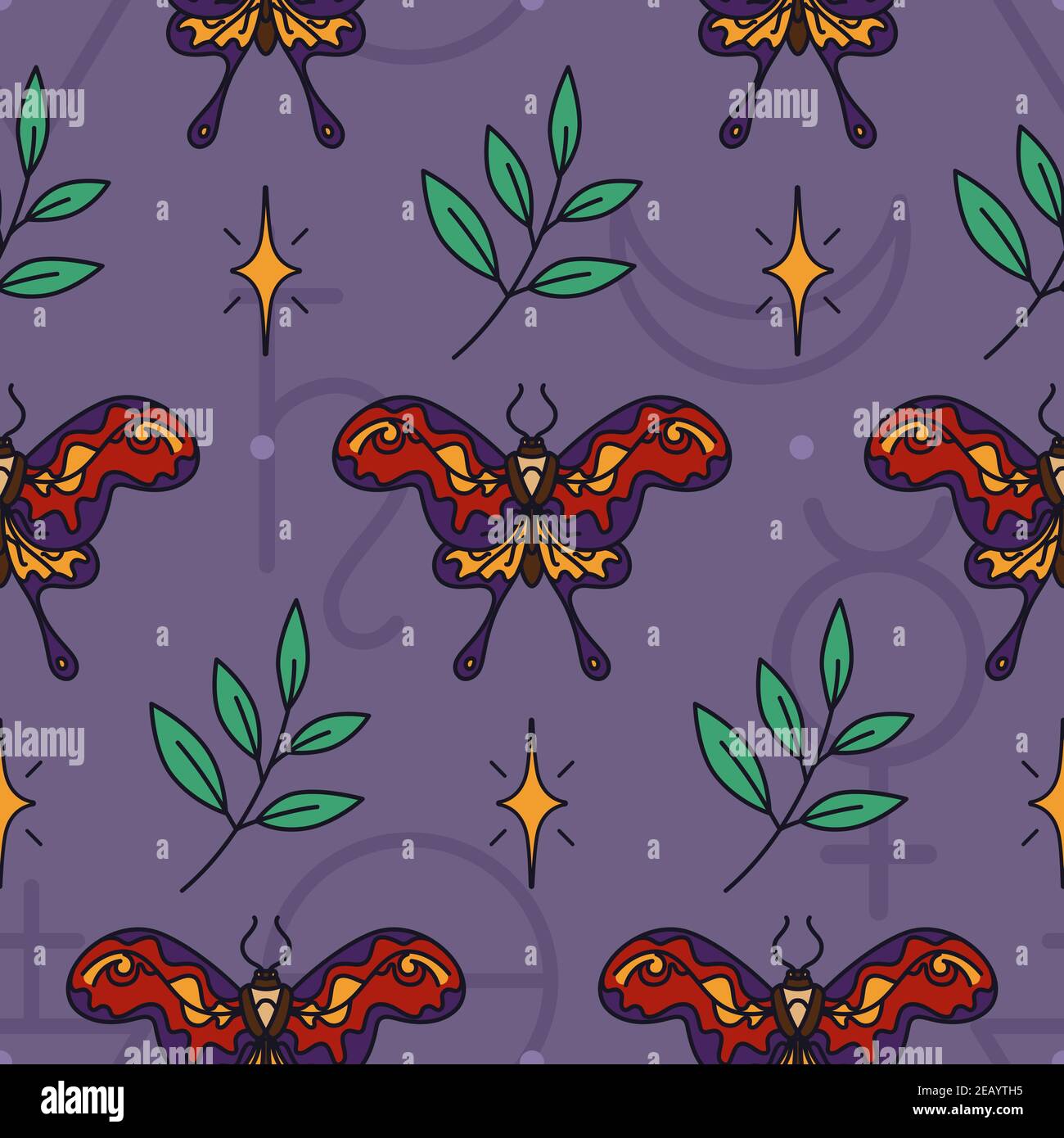 Seamless wicca pattern with hummingbird hawk-moths, stars and twigs ...