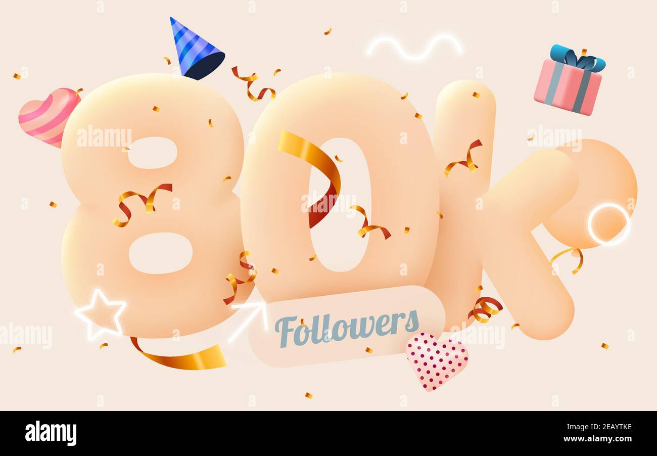 80k or 80000 followers thank you Pink heart, golden confetti and neon ...