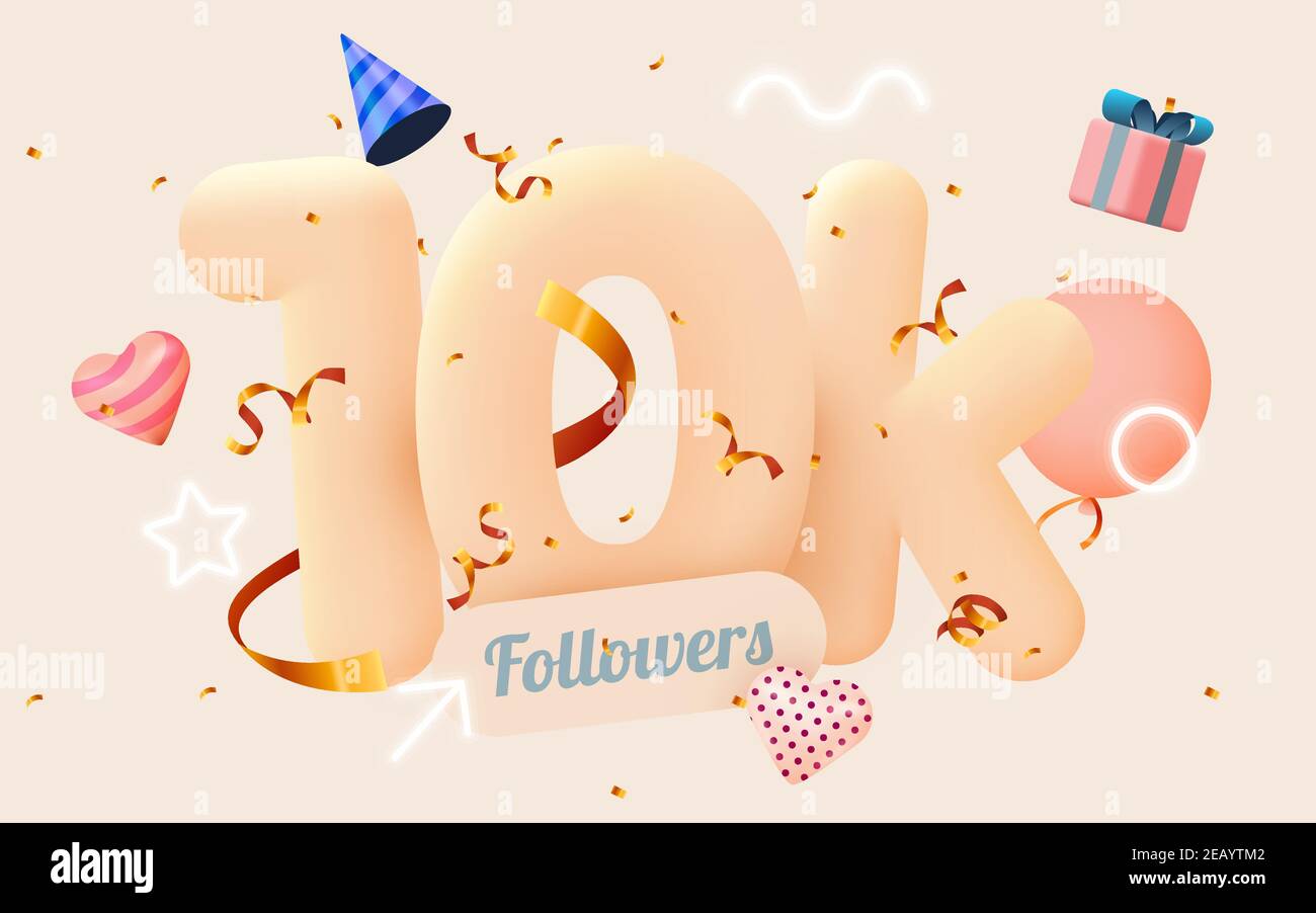 10k or 10000 followers thank you Pink heart, golden confetti and neon ...