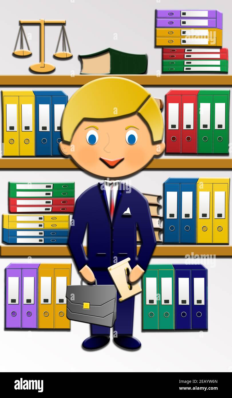 Cartoon of a cute Happy Lawyer, with a bag and books in the background ...