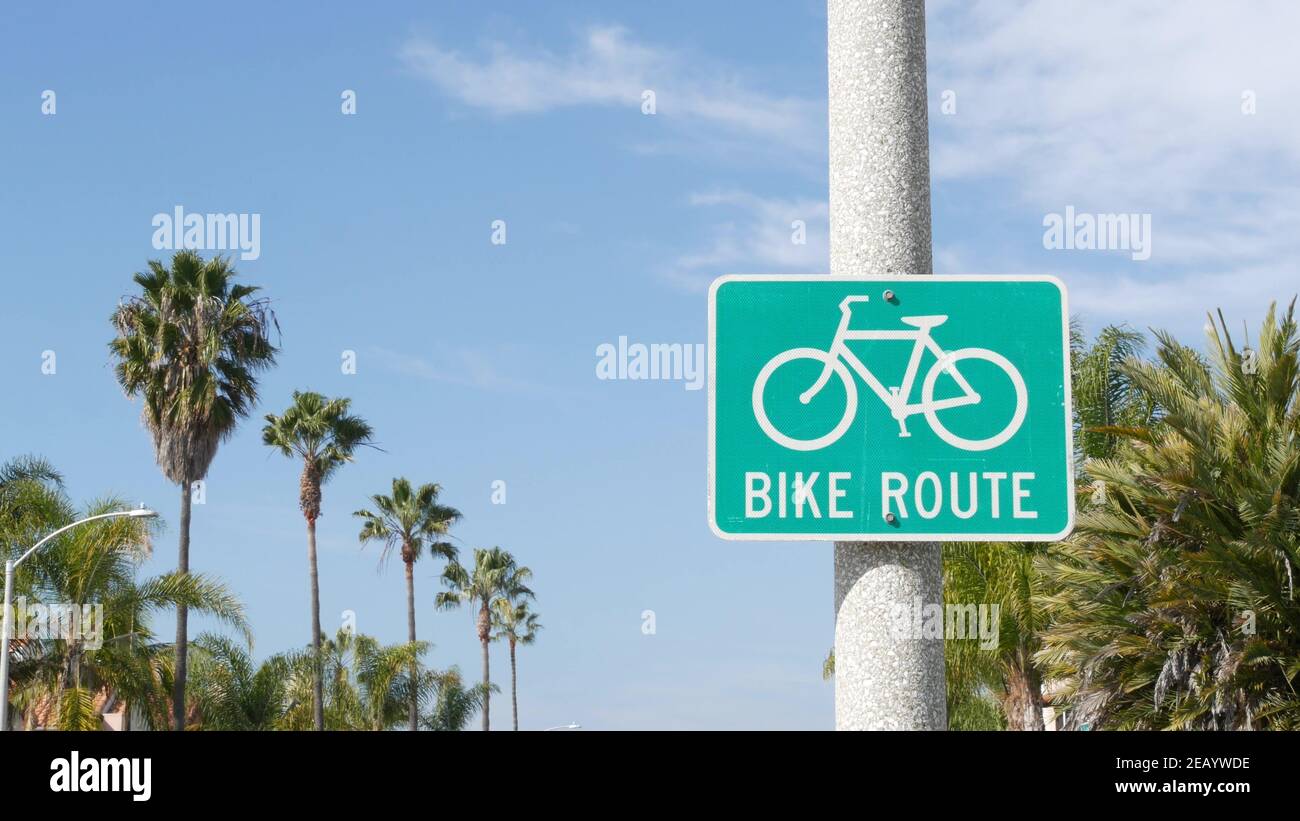 Bike Route green road sign in California, USA. Bicycle lane singpost ...