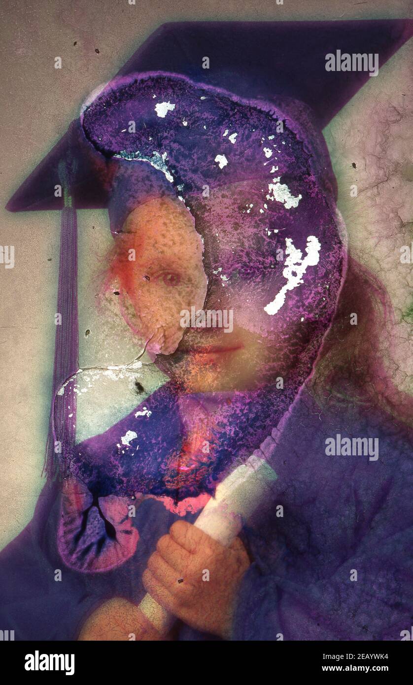 Kindergarten "graduation" portrait of little girl in cap and gown ...