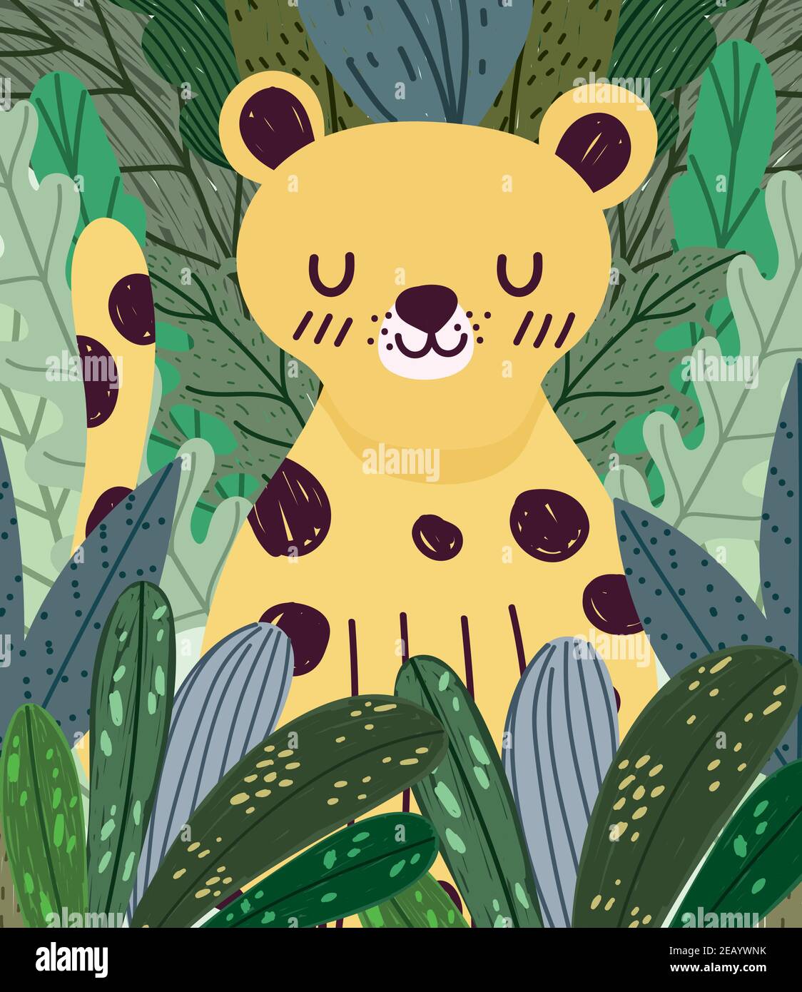 cute leopard in jungle animal wildlife foliage cartoon vector ...