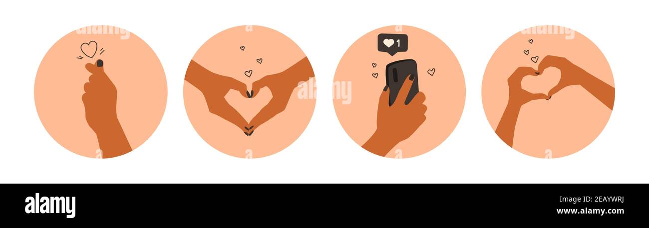 Set of vector illustrations. Heart shaped hands. Phone in hand sending ...
