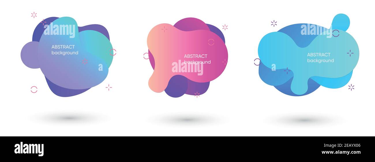 Set of isolated blue and red fluid blobs, gradient green and violet liquid spots. Abstract brush ...