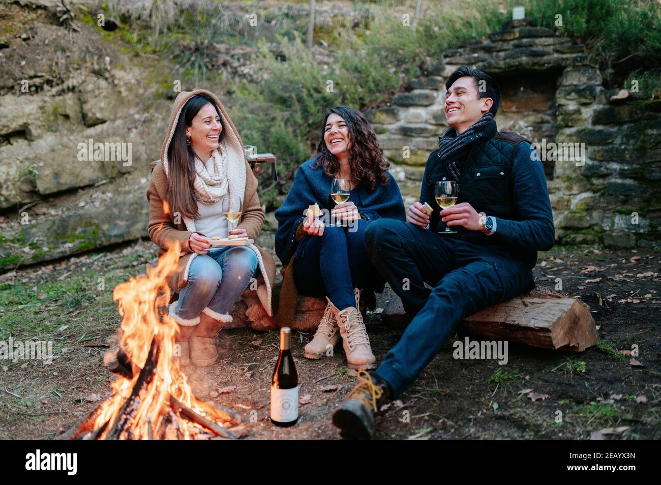 Group of friends sitting in front of a bonfire drinking glass of wine ...