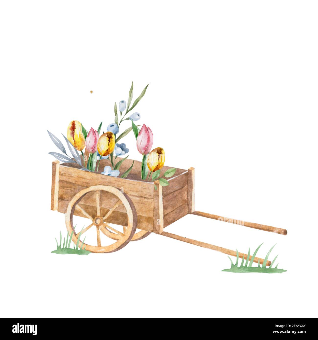 Gardening cart with flowers. Hand drawn watercolor isolated white ...