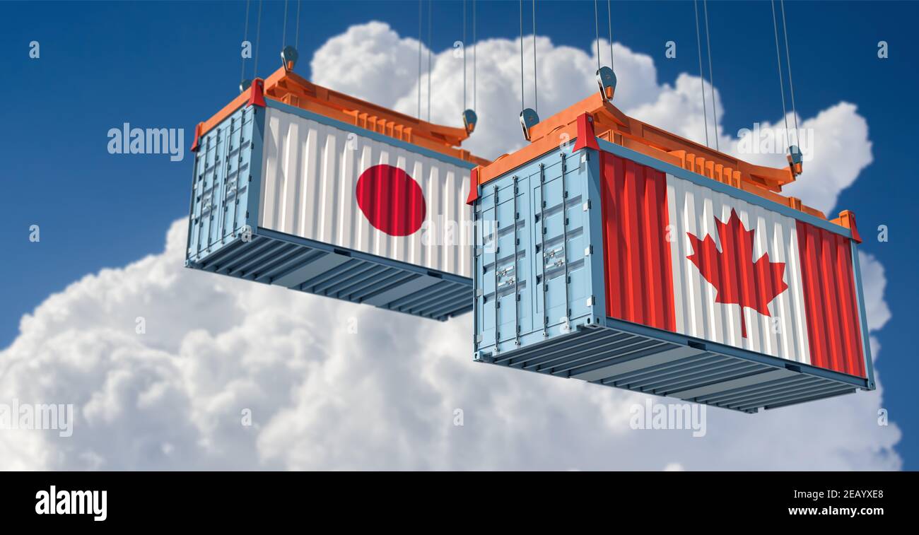 Freight containers with Japan and Canada flag. Isolated on white. 3D ...