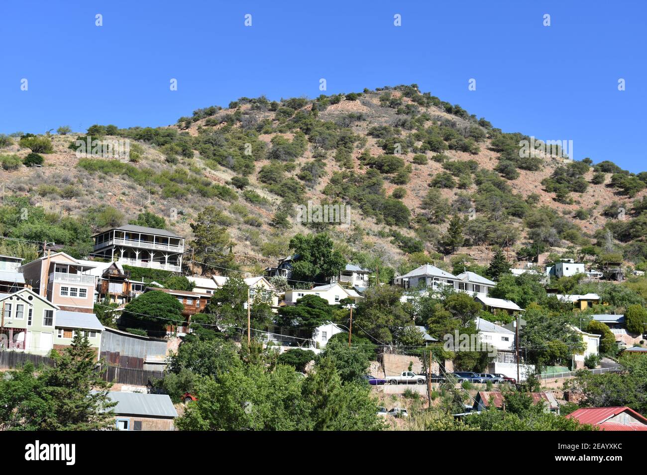 Hillside view of dwellings in an old mining town at Bisbee, Arizona ...