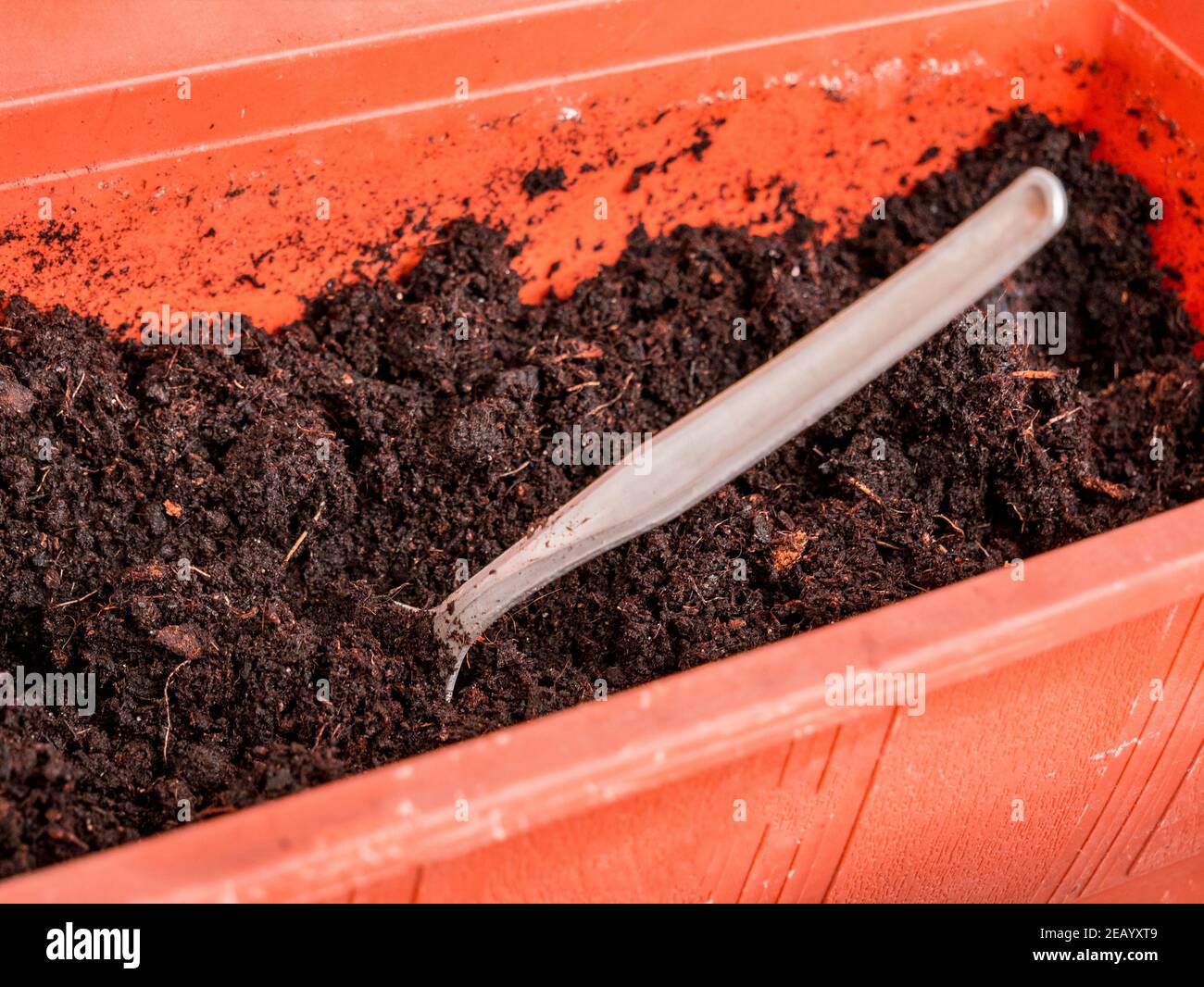 Preparing a balcony pot for re-planting - a spoon in a freshly fluffy ...