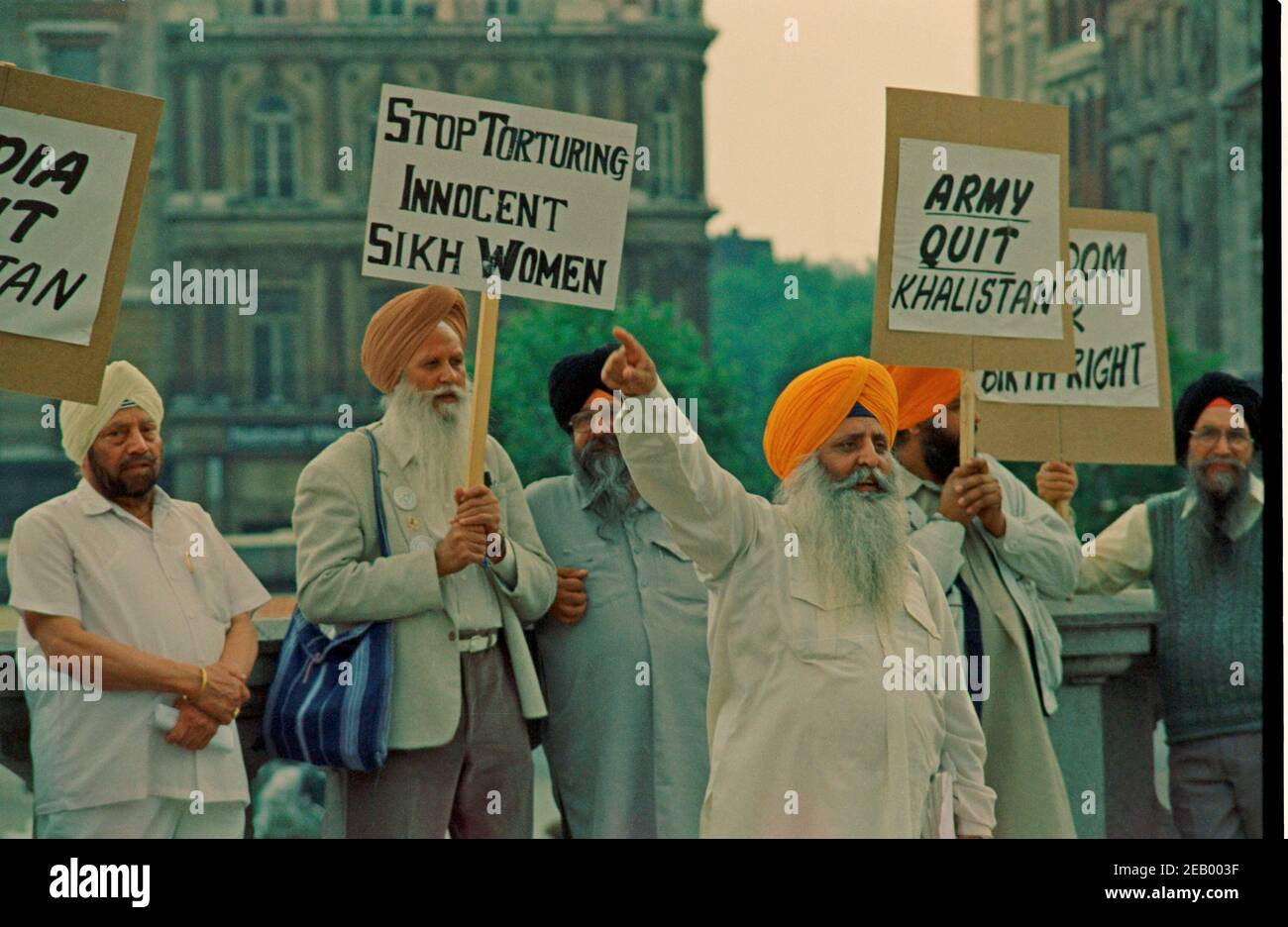 Sikh protestors with placards demonstrate in Trafalgar Square, London ...