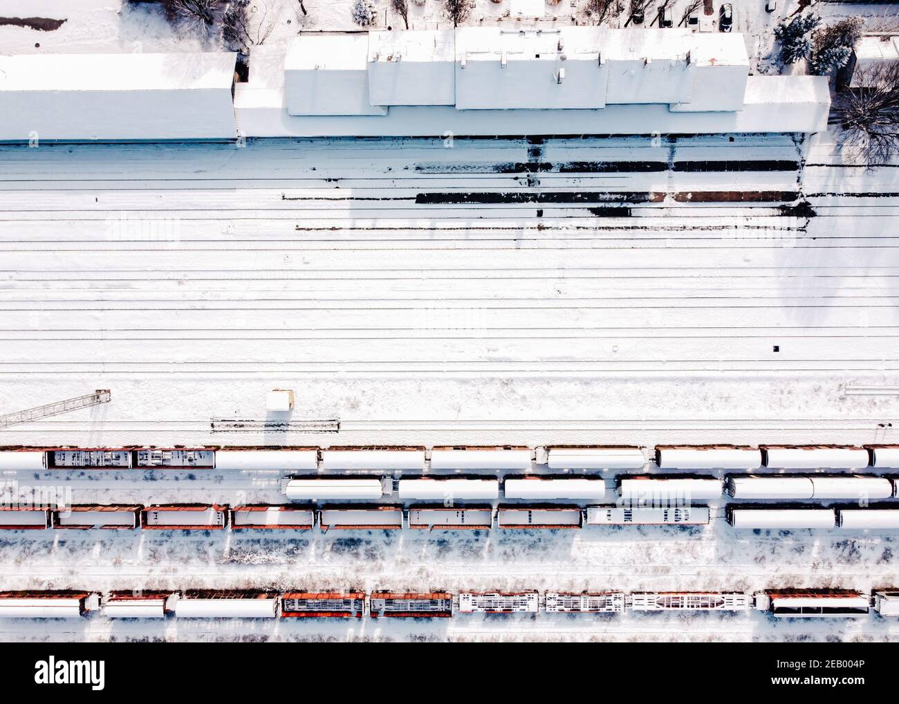 Top view of cargo trains and railway station. Aerial top view from ...