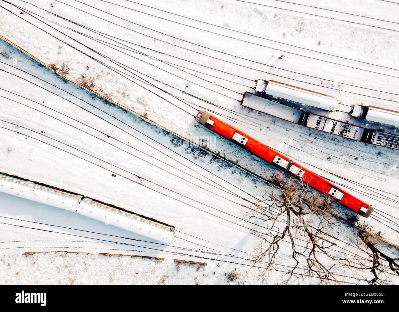 Top view of cargo trains and passanger diesel multiple unit - DMU ...