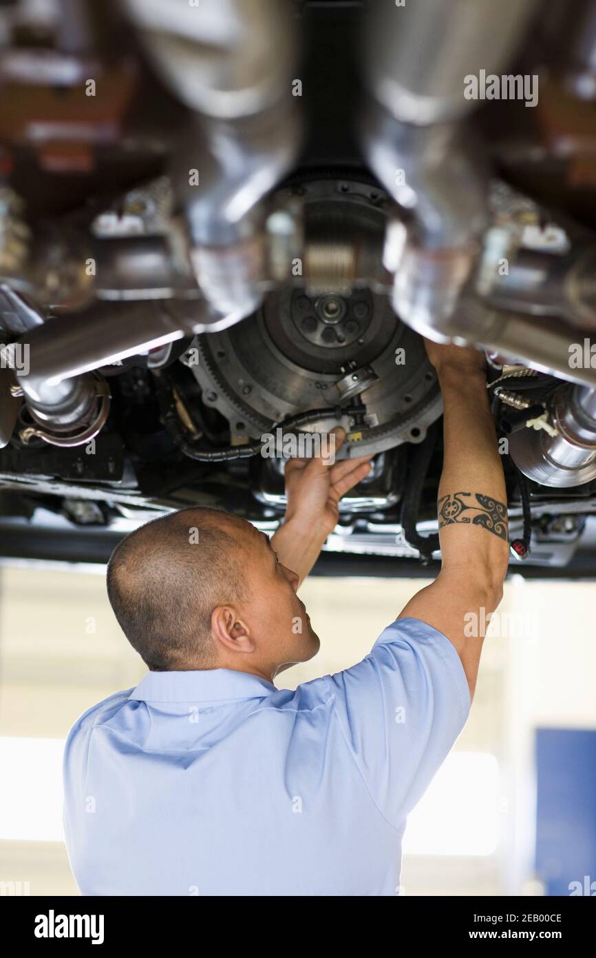 Pacific Islander mechanic works on the underside of a vehicle on a lift ...