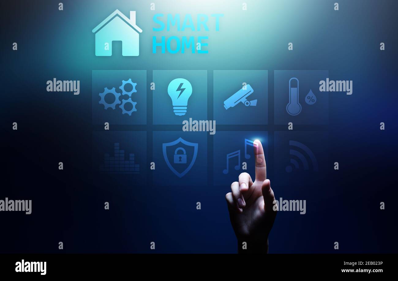 Smart home control panel on virtual screen. Internet of things, IOT ...