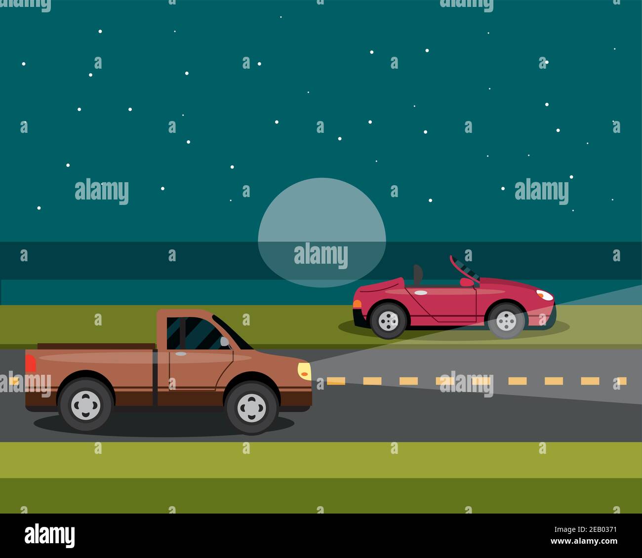 cars parked and driving at night in cartoon style, city transport ...
