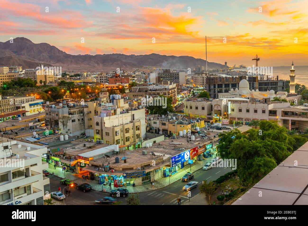 AQABA, JORDAN, DECEMBER 31, 2018: Aerial view of Aqaba with Sharif Al ...