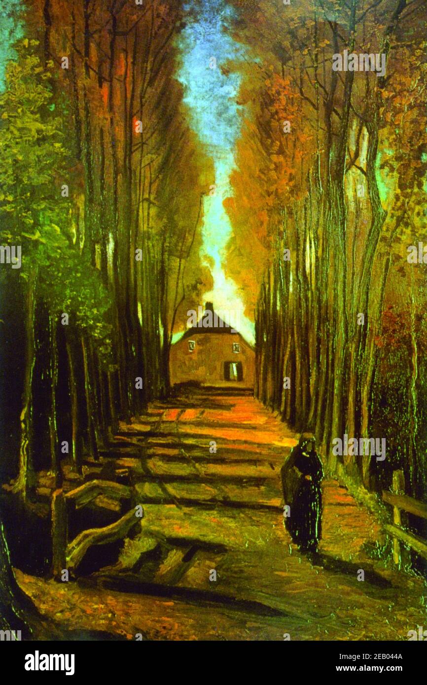 Autumn Tree lined lane leading to a farm house 1880 Stock Photo - Alamy