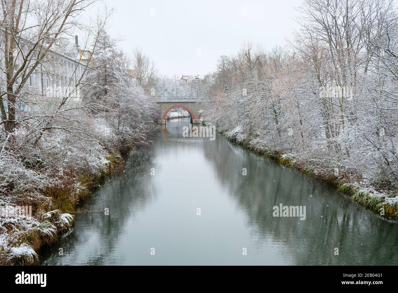 The wonderful snow-covered harbour in Leipzig's Neulindenau district in ...