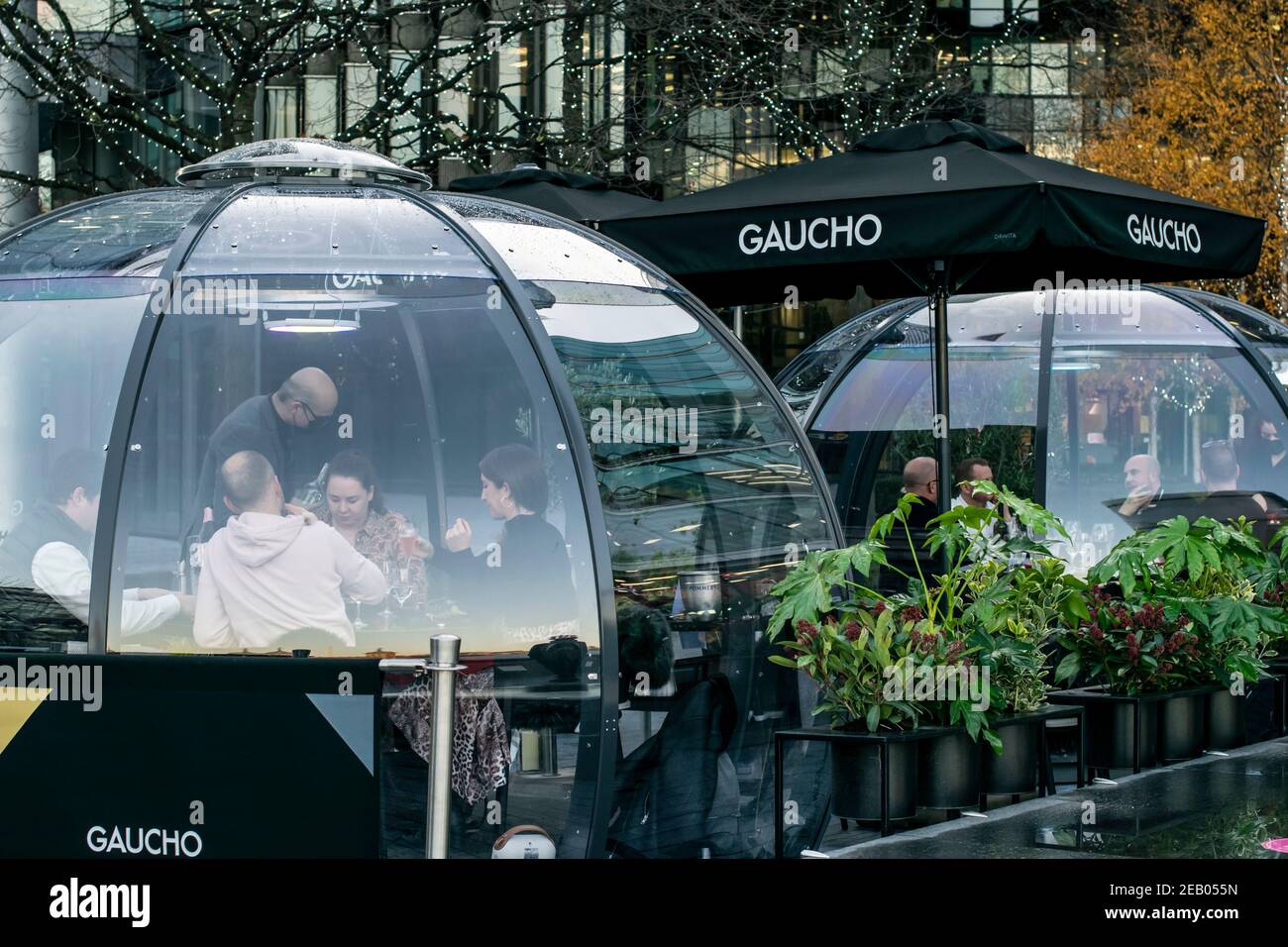 London, UK- 15 Dec 2020: Restaurant Gaucho outdoor igloo separated ...