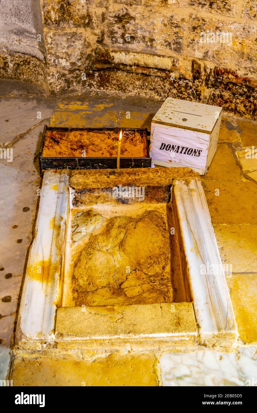 JERUSALEM, ISRAEL, SEPTEMBER 8, 2018: footprint of jesus in the Chapel ...