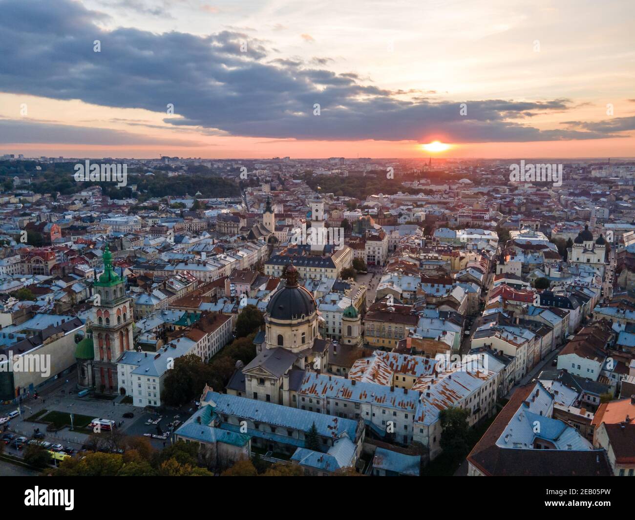 aerial view of sunset above the old european city copy space Stock ...