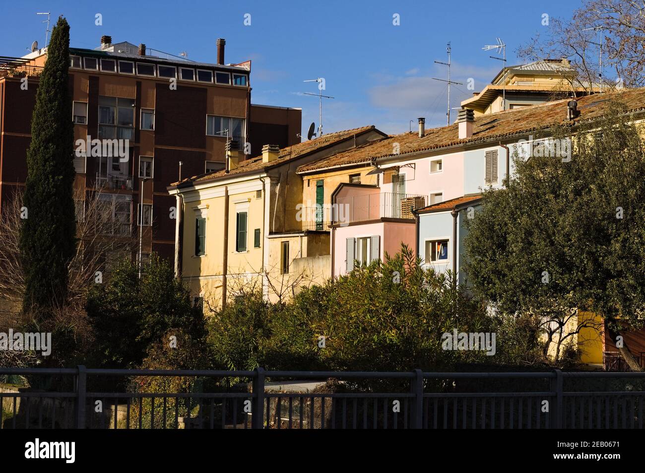 Colorful houses in a medieval Italian village (Pesaro, Italy, Europe ...