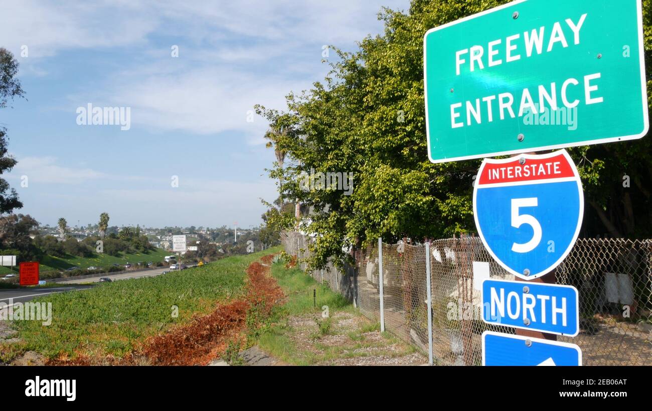 Freeway entrance, information sign on crossraod in USA. Route to Los ...