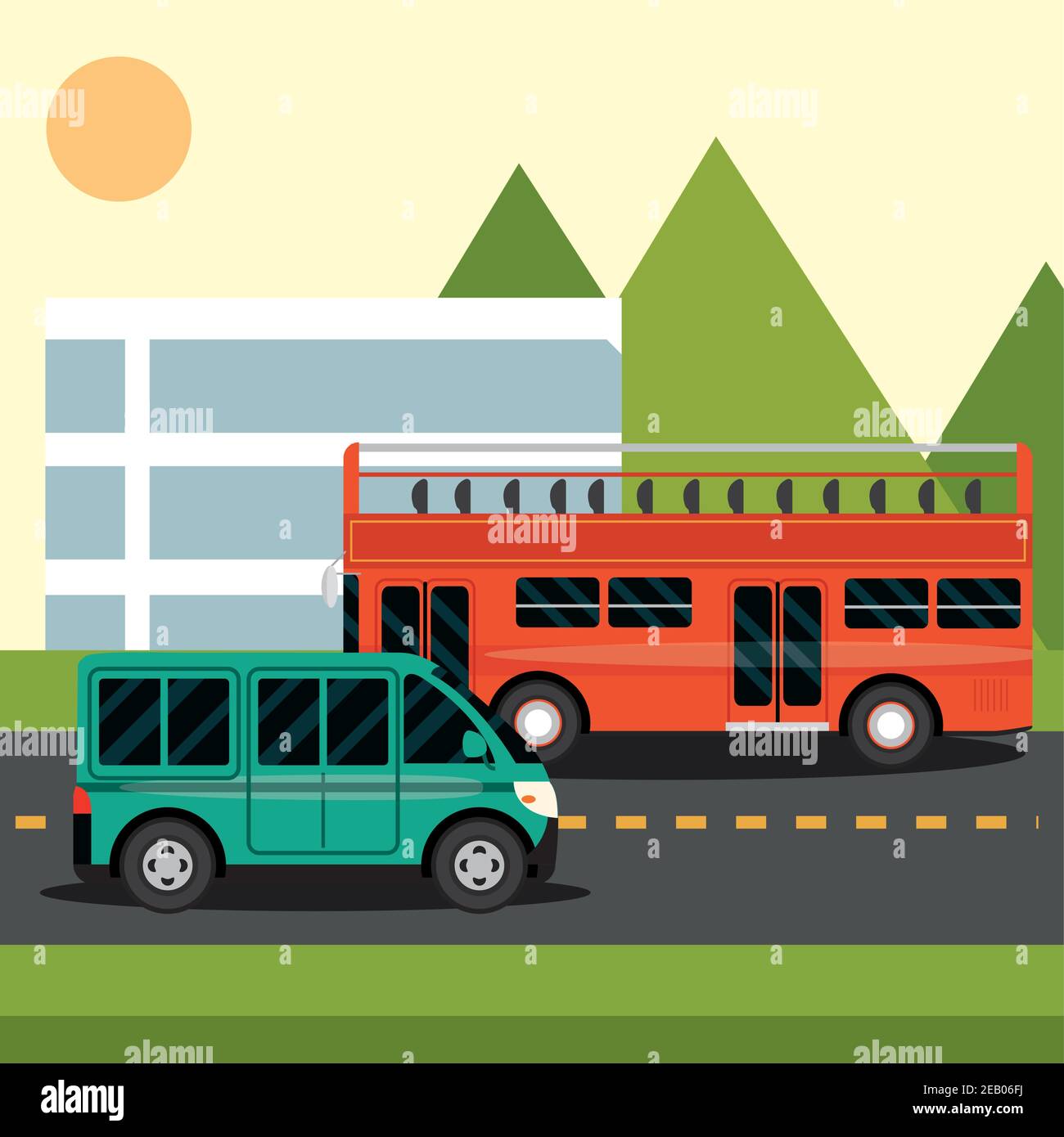 double deck bus and minibus on the street city cartoon style vector ...