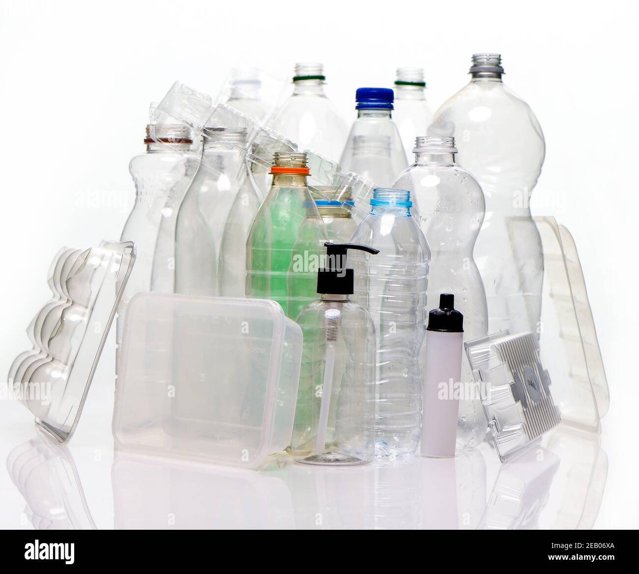 A collection of household plastic based material shot on a white ...