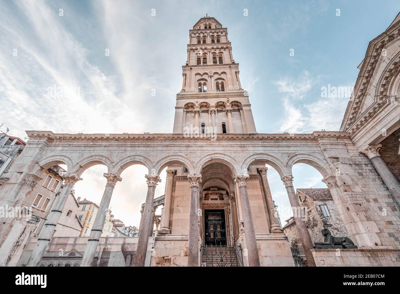 Split, Croatia - Aug 15, 2020: Upward view of Bell tower of Cathedral ...