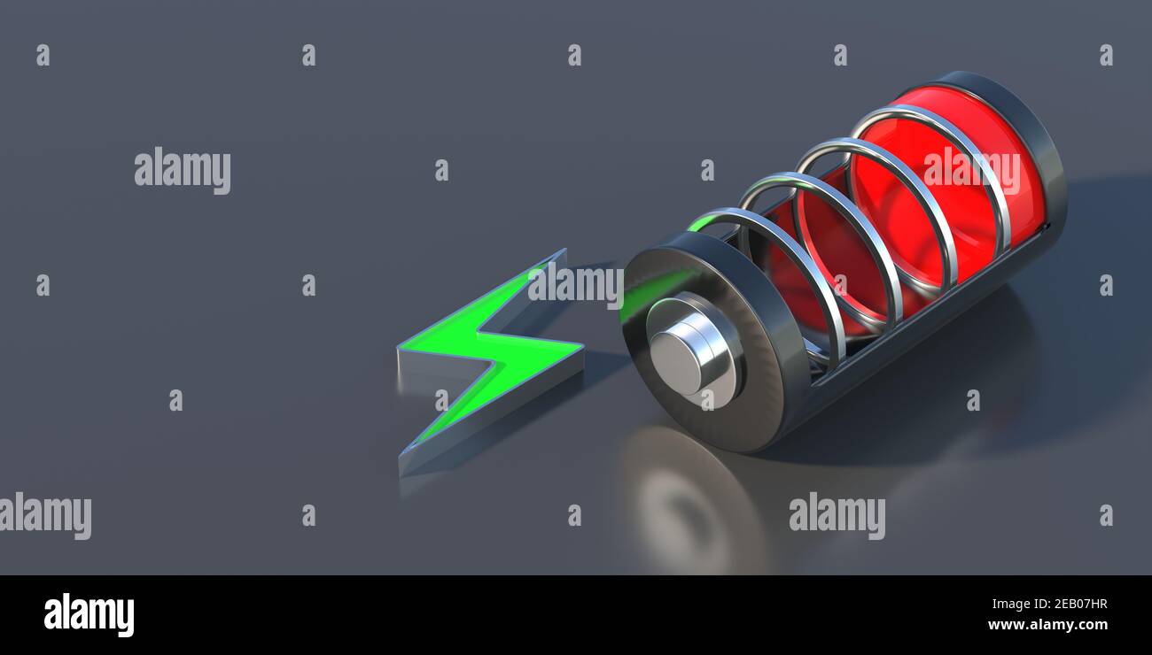 Discharged battery empty red color low level indicator and charging ...