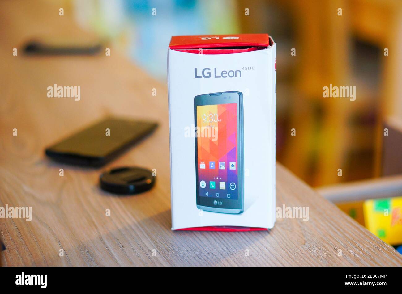 POZNAN, POLAND - Mar 02, 2016: LG Leon cell phone in a box standing on ...