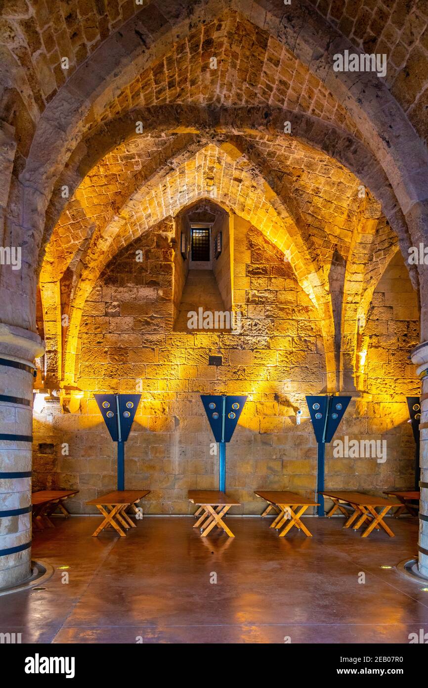 ACRE, ISRAEL, SEPTEMBER 12, 2018: Interior of the Knights hall in Akko ...