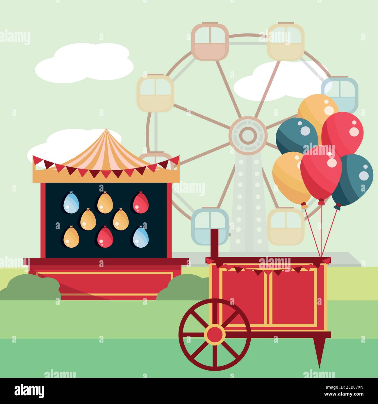 amusement park carnival shooting booth balloons and ferris wheel vector ...