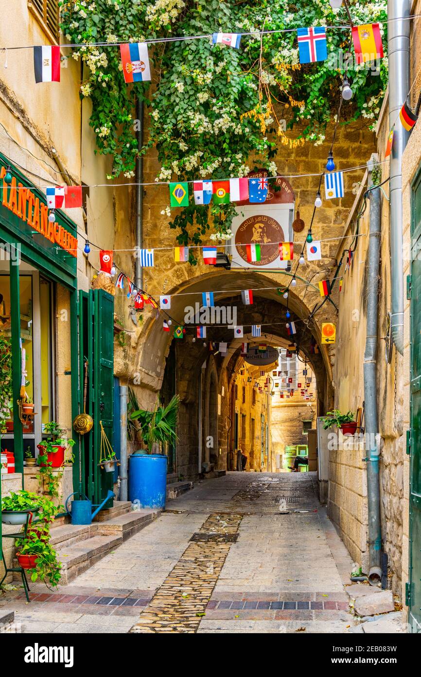 NAZARETH, ISRAEL, SEPTEMBER 13, 2018: View of a narrow street in the ...