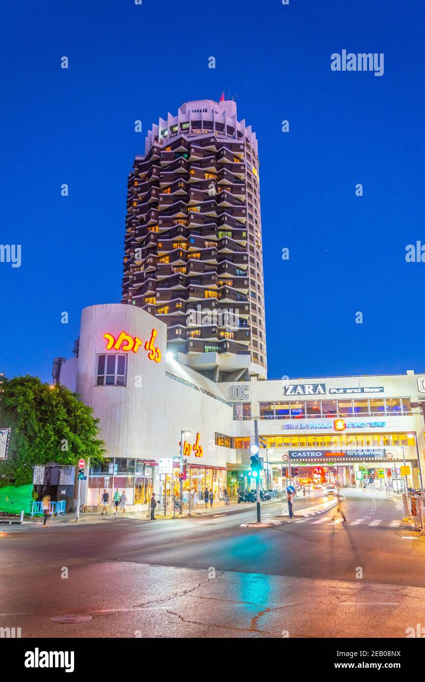 TEL AVIV, ISRAEL, SEPTEMBER 15, 2018: Sunset view of dizengoff street ...