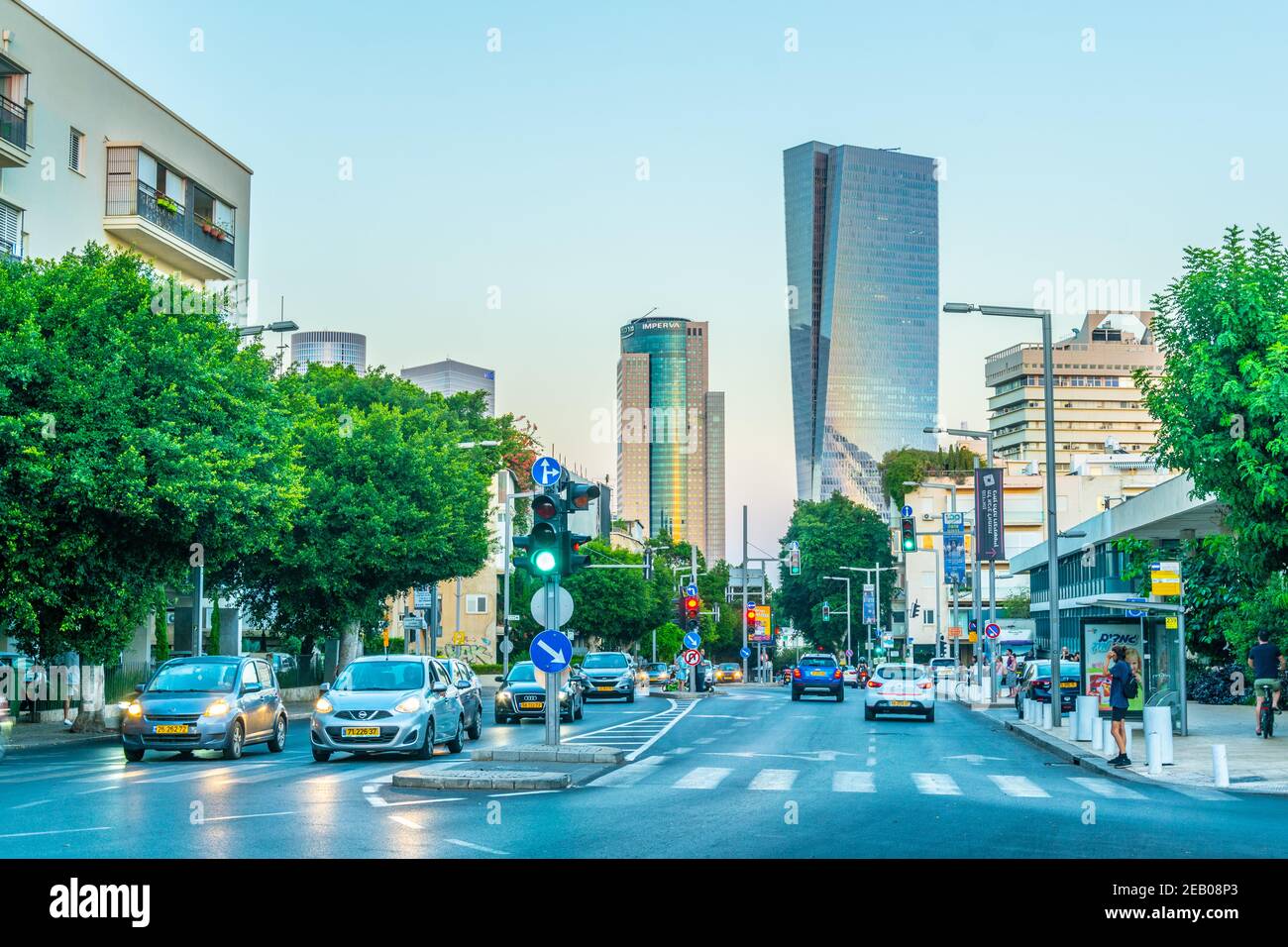 TEL AVIV, ISRAEL, SEPTEMBER 15, 2018: Sunset view of dizengoff street ...