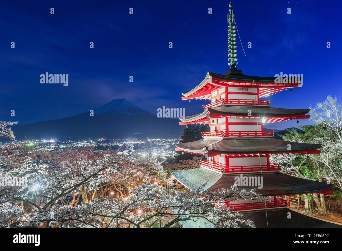 Fujiyoshida, Japan at Chureito Pagoda and Mt. Fuji in the spring with ...