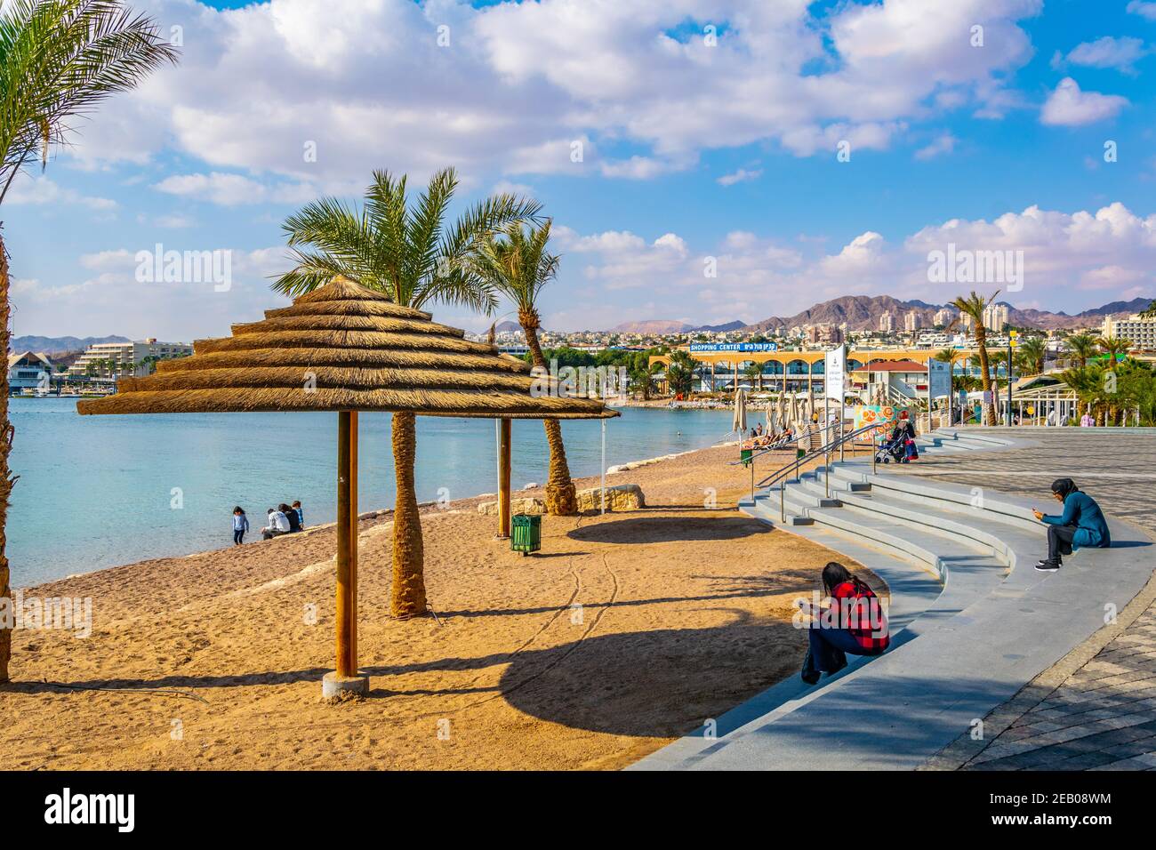 EILAT, ISRAEL, DECEMBER 30, 2018: People are enjoying a sunny day on a ...