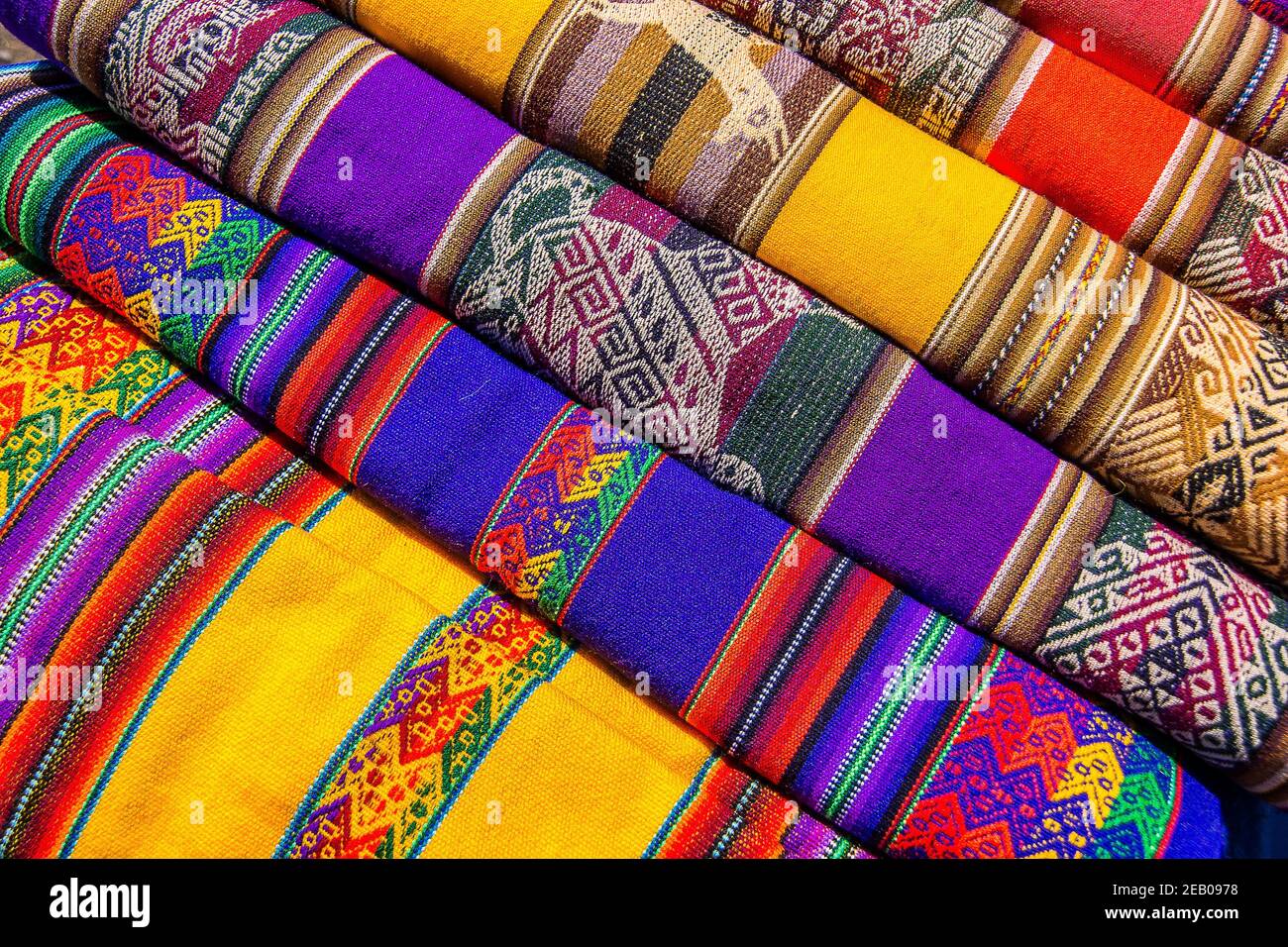 Rolls of colorful fabrics with abstract patterns in Peru Stock Photo ...