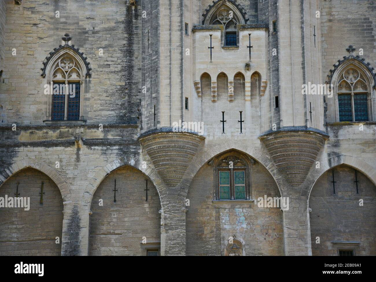 Facade view of the Medieval Gothic landmark Palais des Papes in Avignon ...