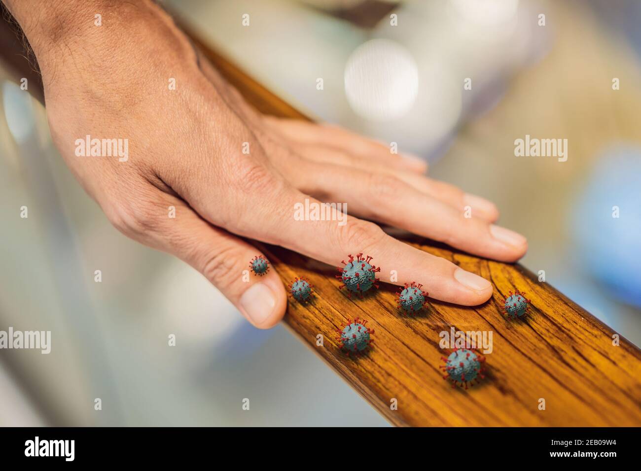 Hand touching footbridge railing handrail, risk to contaminated with ...
