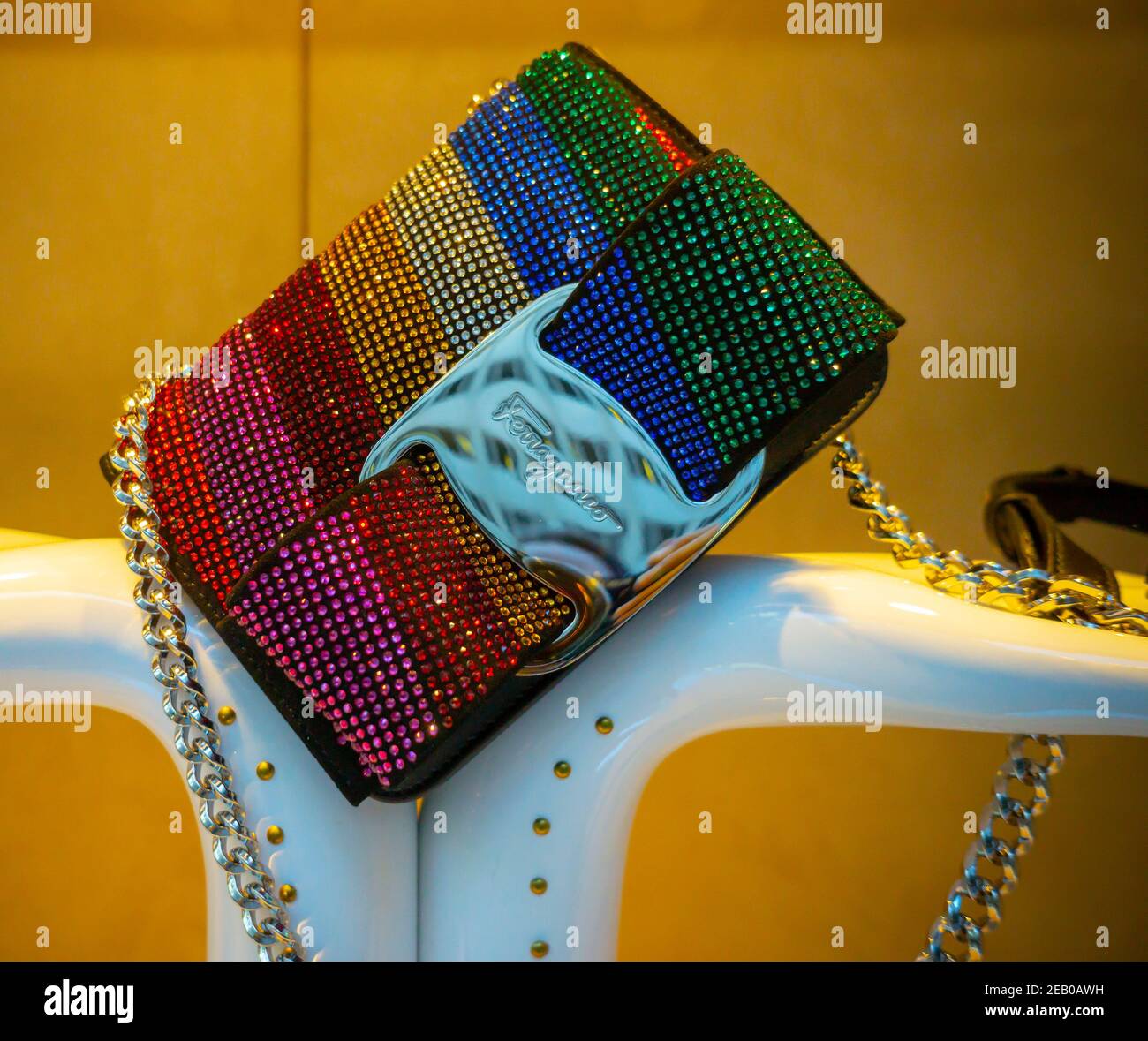 A rainbow pride themed handbag in the window of the Salvatore Ferragamo ...