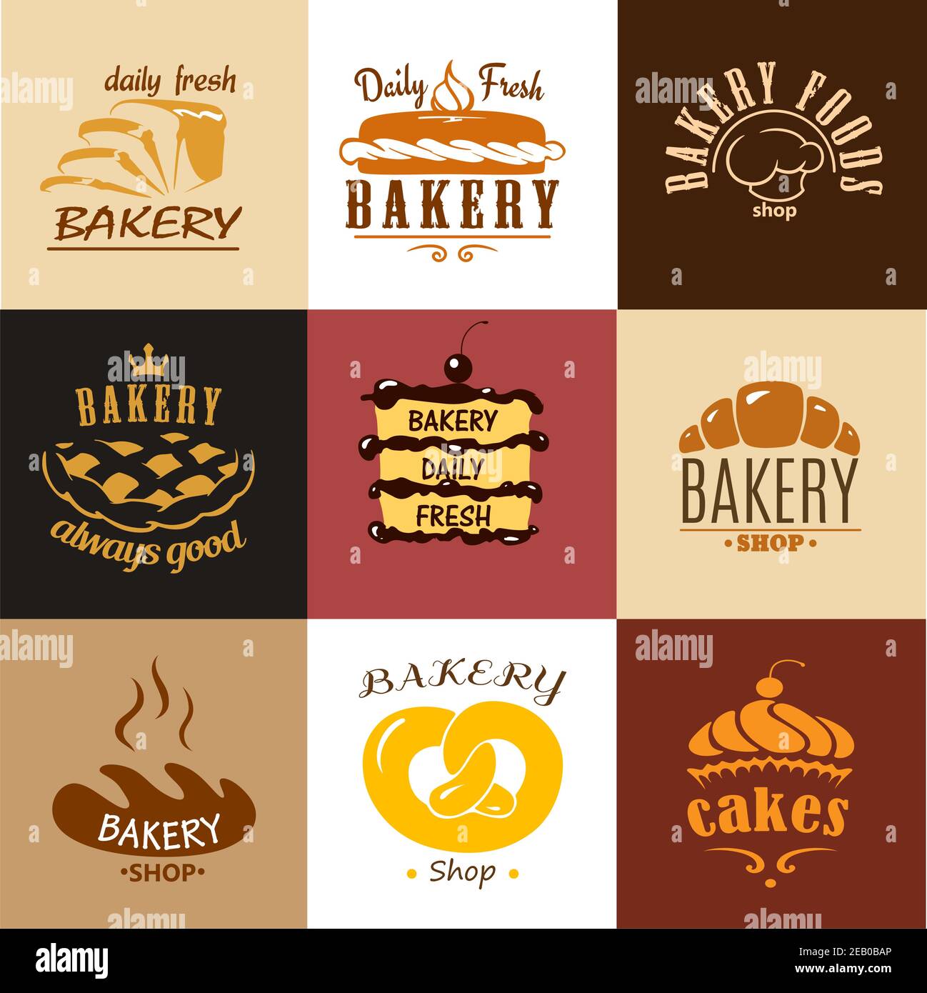 Creative bakery logos and banners with cakes, chef toque, croissant ...